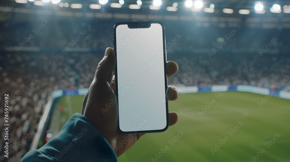 Man fan hands holding isolated smartphone device in soccer football ...
