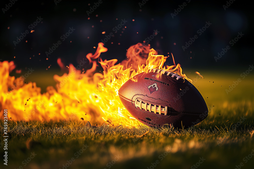 american football with flames trailing behind, midpass on a field Stock ...