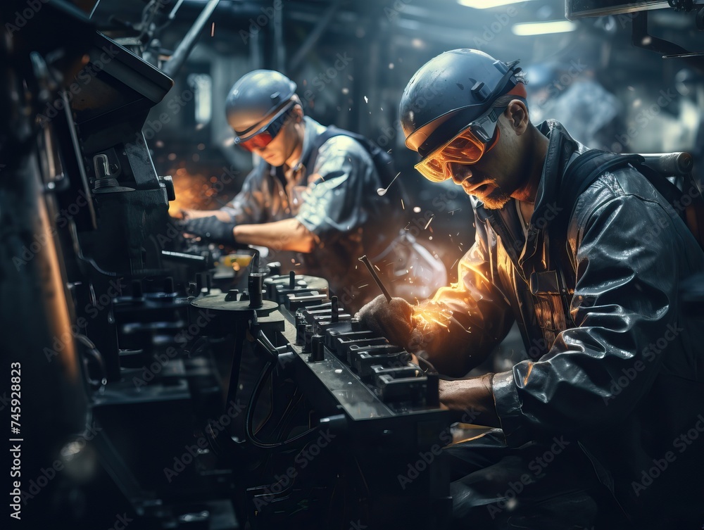 Skilled workers in protective gear using precision lathes to drill ...