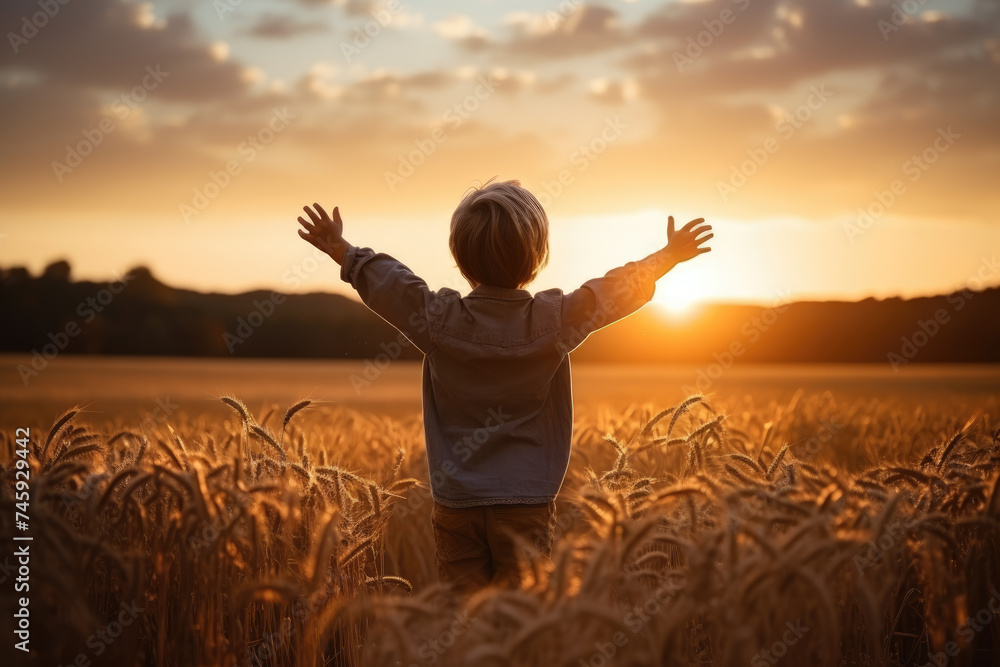 A little boy raises his hands above the sunset sky, enjoying life and ...