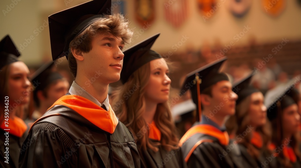 Young Male Graduate in Cap and Gown Looking Forward Among Peers at ...