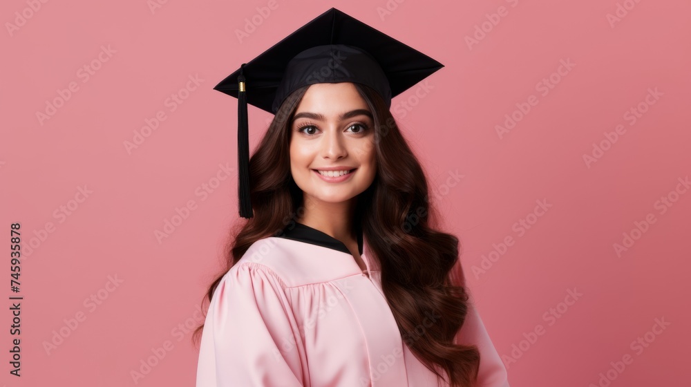 female graduate student with her graduation cap and pink gown smiling ...