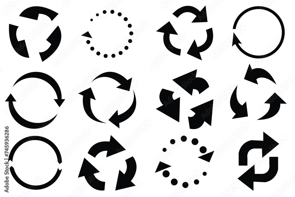 Set of circle arrows rotating on white background. Refresh, reload, recycle, loop rotation sign ...