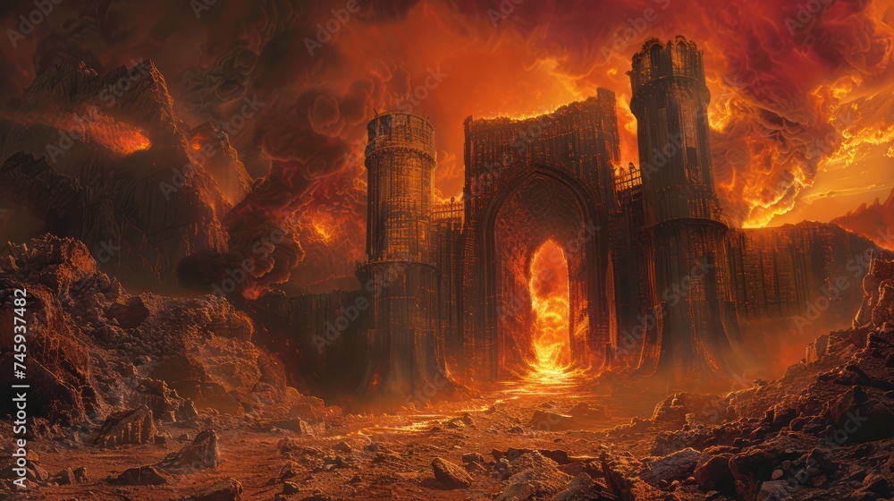 A tarot card depicting the gates of Hell its imagery rich with fantasy ...