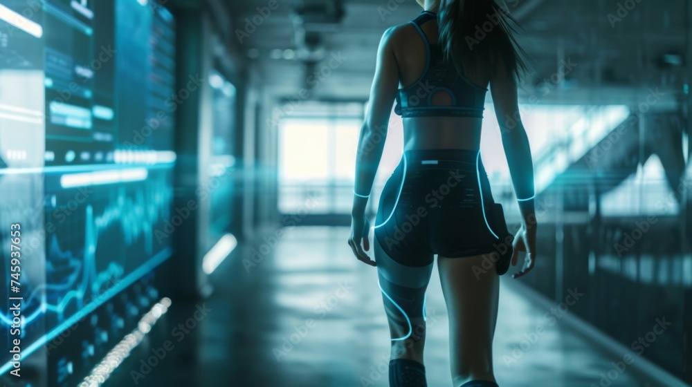 Athlete performing a dynamic lunge with virtual anatomy hologram in a high-tech gym Stock ...