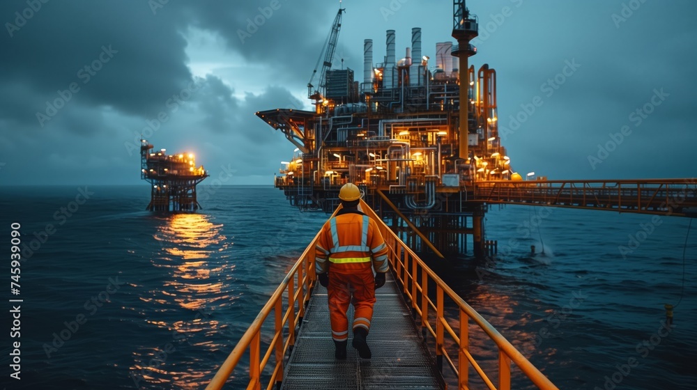 A worker in orange high-visibility gear walks on a bridge towards the ...