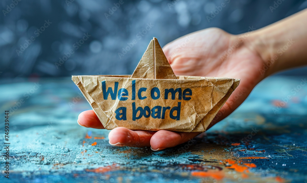 Hand presenting a paper boat with the message Welcome aboard against a ...