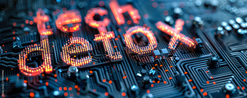 Neon 'Tech Detox' text on a motherboard symbolizes digital ...