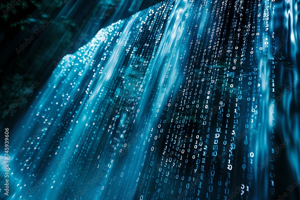 Blue digital code waterfall abstract background. Global connection ...