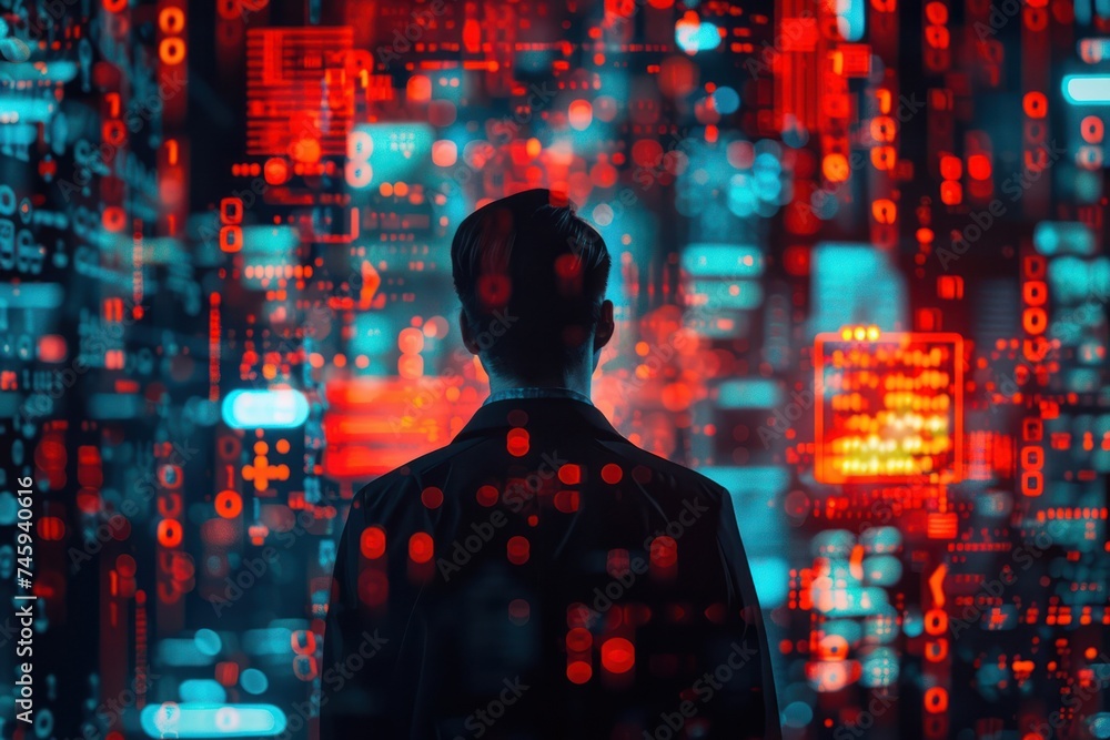 Medium shot of a digital security expert analyzing a ransomware attack ...