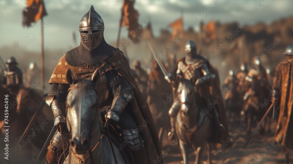 Medieval knights are fighting in front of the castle, the siege. War ...