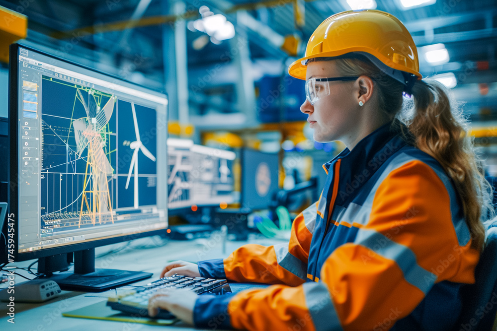 Engineer Collaborating on Eco-Friendly Turbine Design. Engineer engages ...