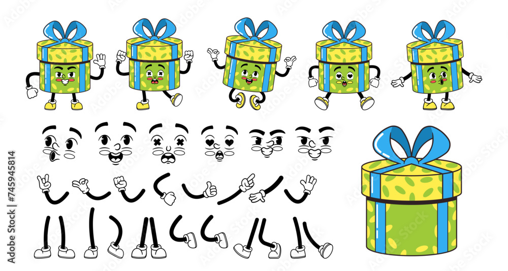 Retro Groovy Cartoon Gift Box Character Construction Kit. Vector ...