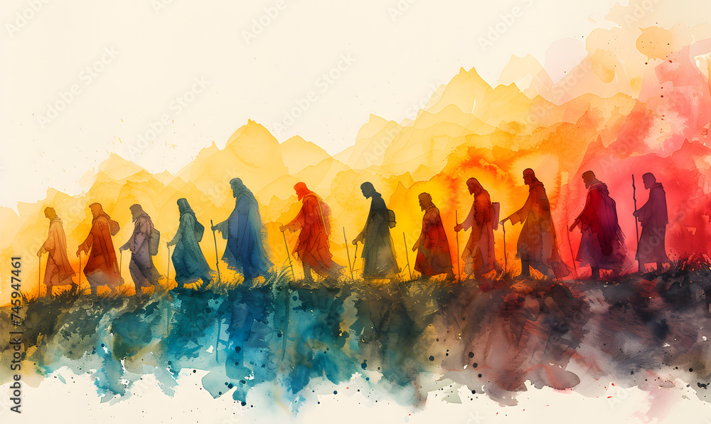 Colorful figures walking in a line in a watercolor painting. Artistic ...