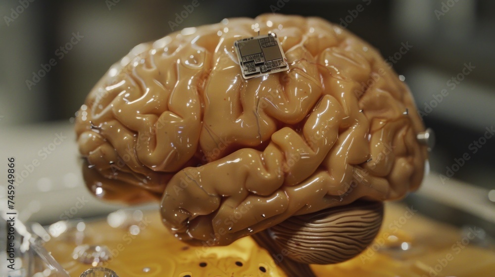 human brain with a real chip implant of the latest technology in high ...