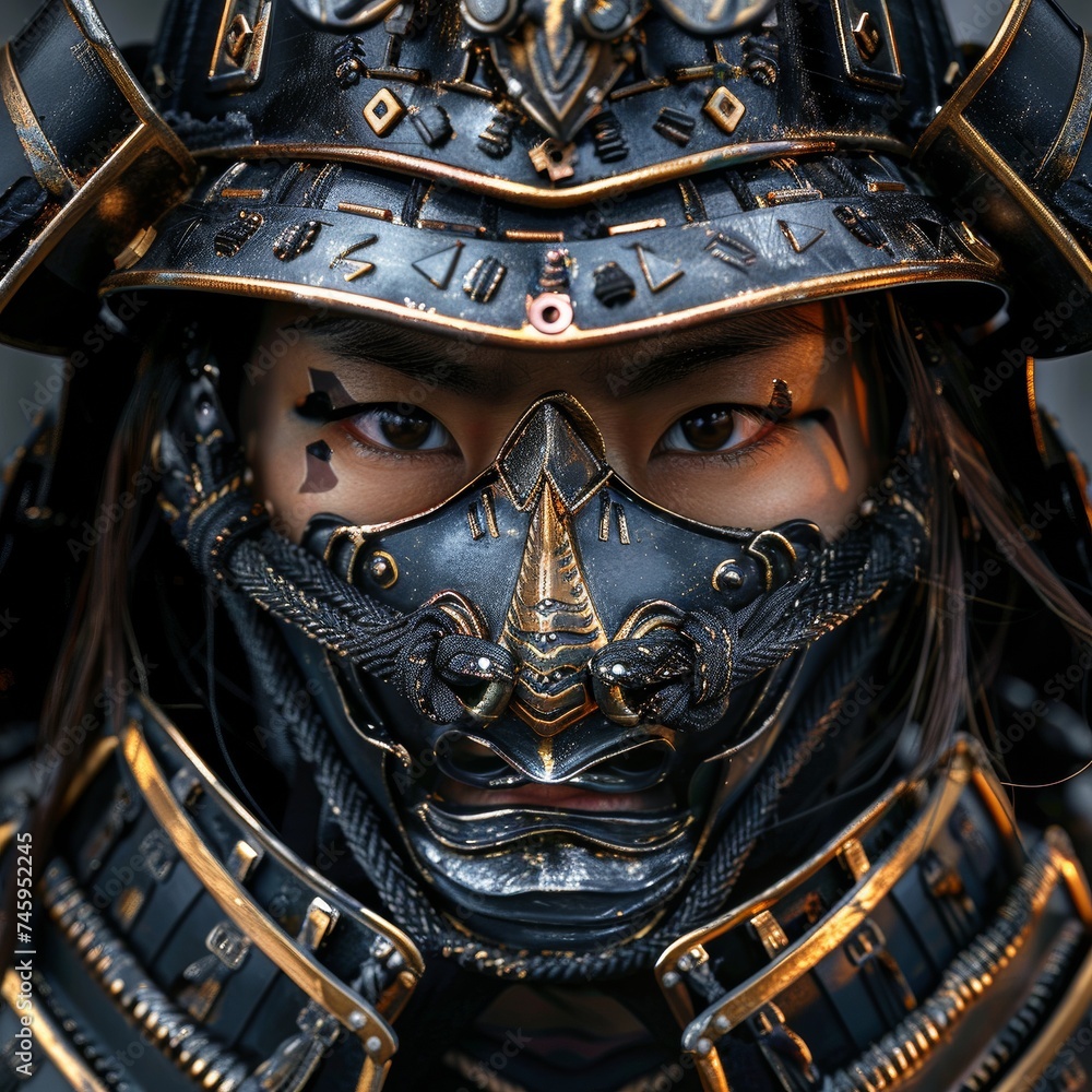 Black samurai mask, portrait of a girl in a samurai costume. Stock ...