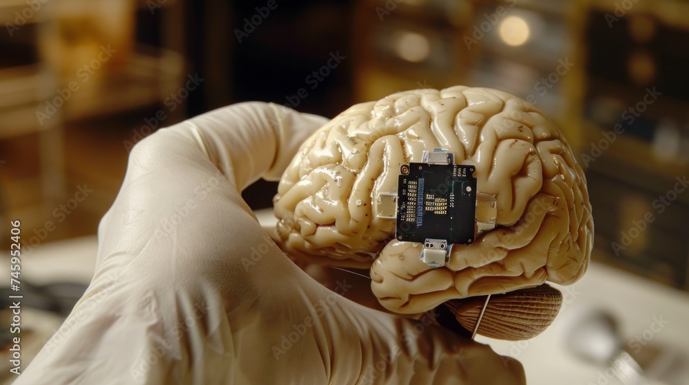 human brain with real controller chip implants in a real laboratory of ...