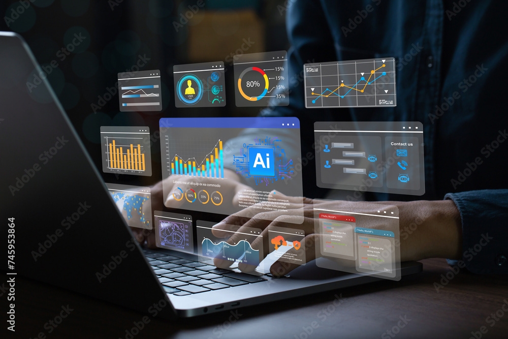 AI (Artificial Intelligence). Businessman working on laptop connect to technology AI for working ...