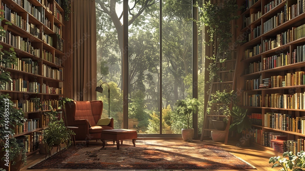 Forest View Home Library with Leather Chair A serene forest view from a ...
