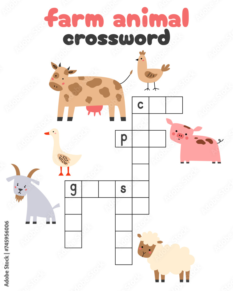 Crossword puzzle game of farm animals. Printable worksheet with ...