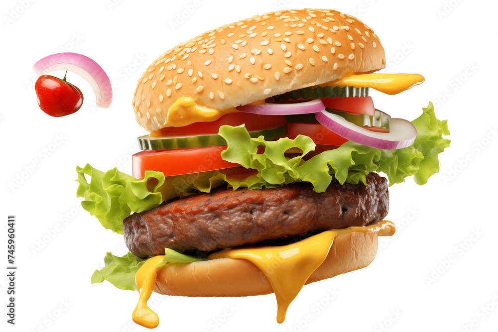 delicious Floating burger PNG with ground beef patty, lettuce, bacon ...