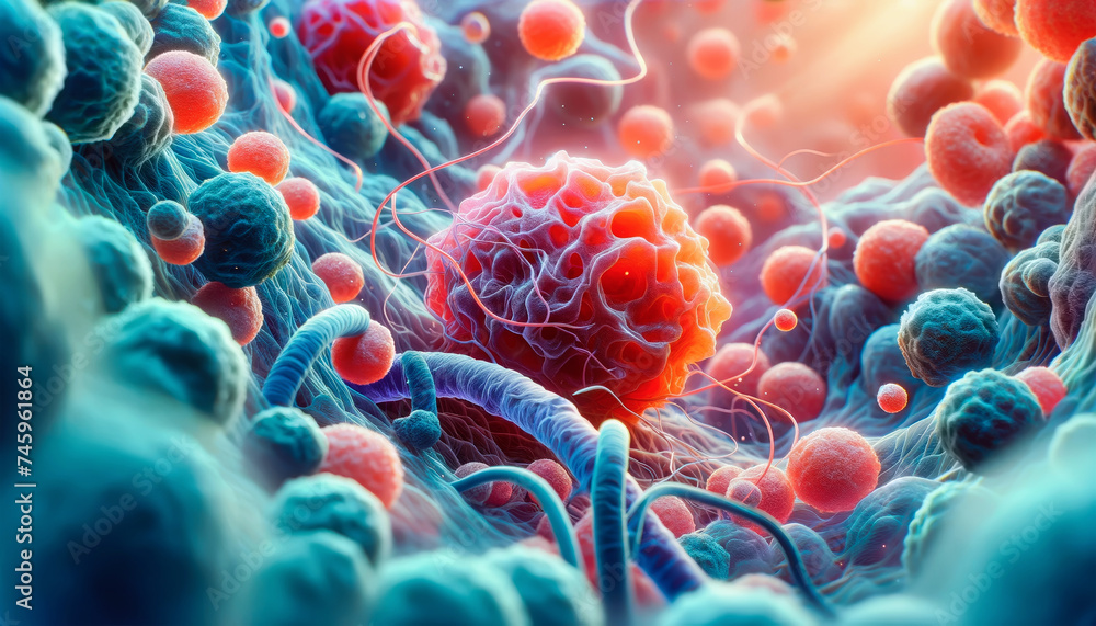 illustration of cancer or malignant cells, intermingled with normal ...