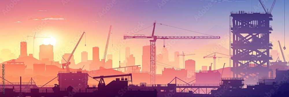 Construction site in a vector urban landscape at dusk featuring cranes ...