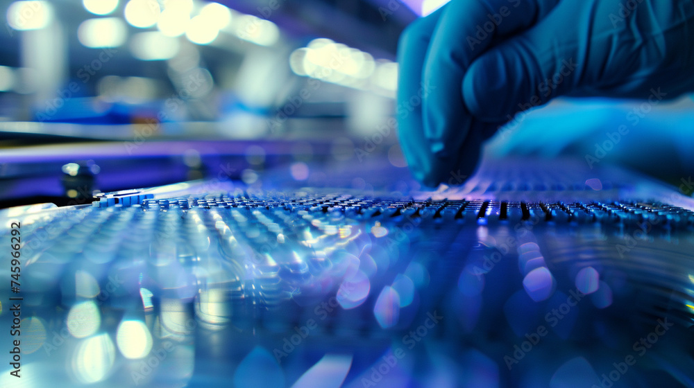 In the controlled environment of microchip fabrication, a close-up ...