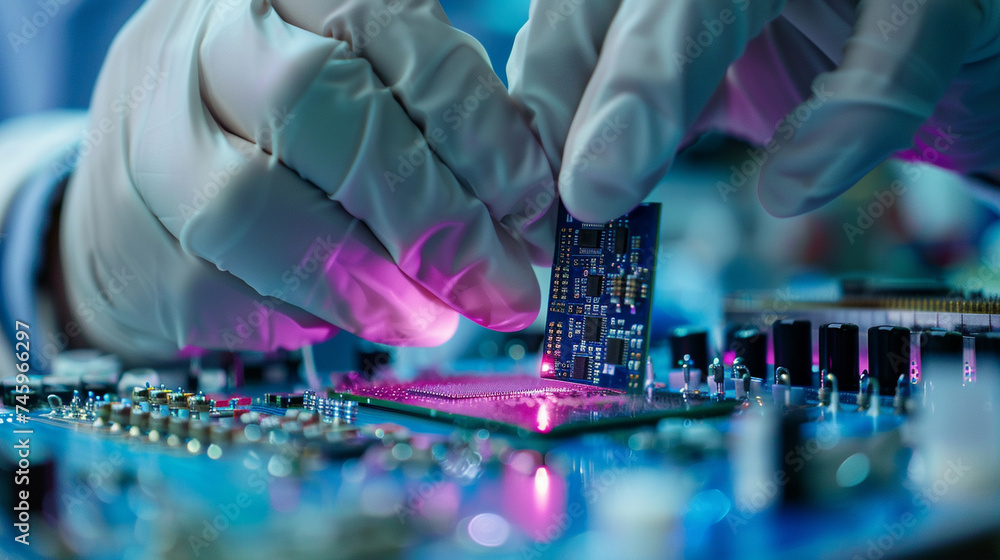 In the controlled environment of microchip fabrication, a close-up ...