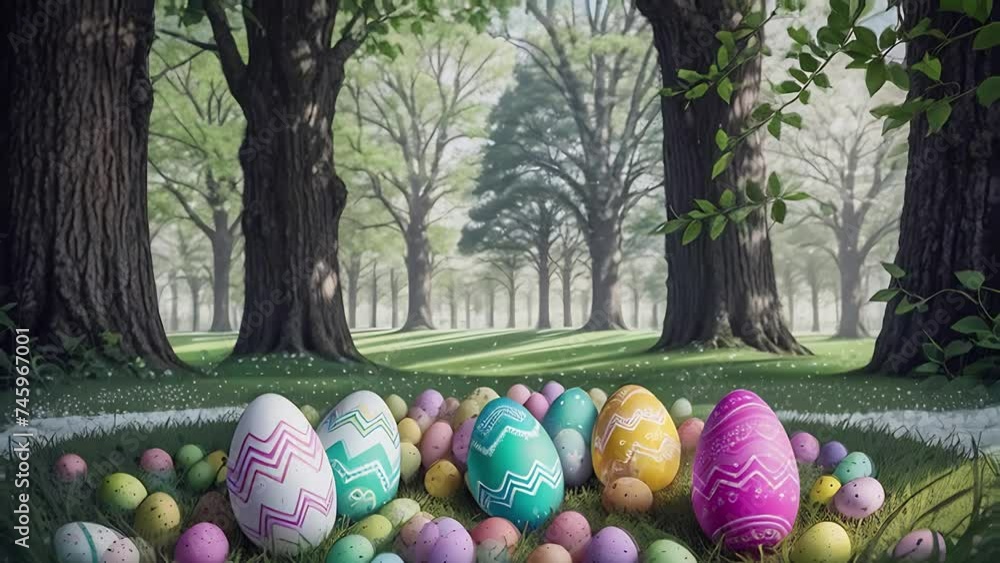 Easter eggs covered with bright and colorful patterns on a forest lawn ...