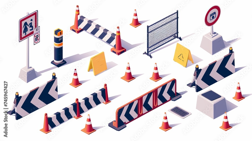Isometric detailed icon set for road signs and barriers, vector graphic ...