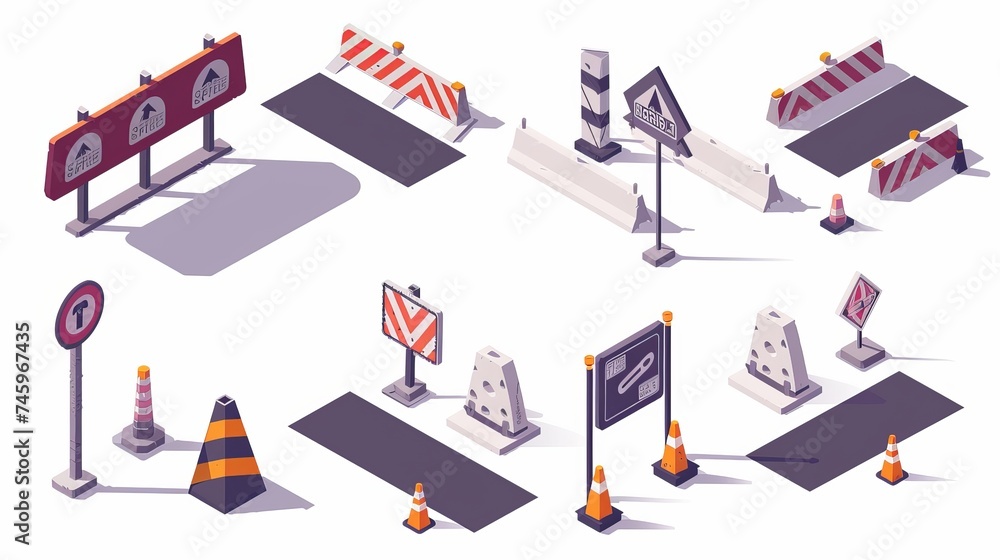 Isometric detailed icon set for road signs and barriers, vector graphic ...