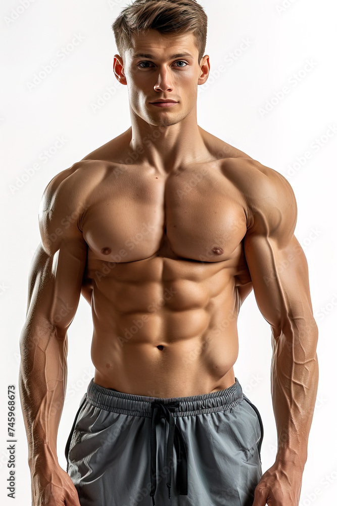 Fitness European man with six pack show body in white background Stock ...