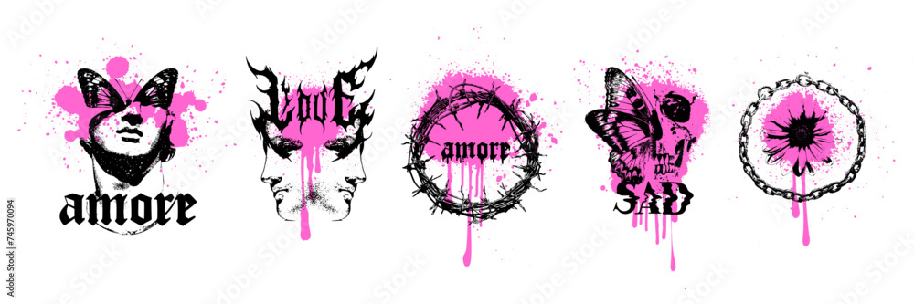 Y2k gothic sticker vector set, dark love tattoo print, emo vintage ...