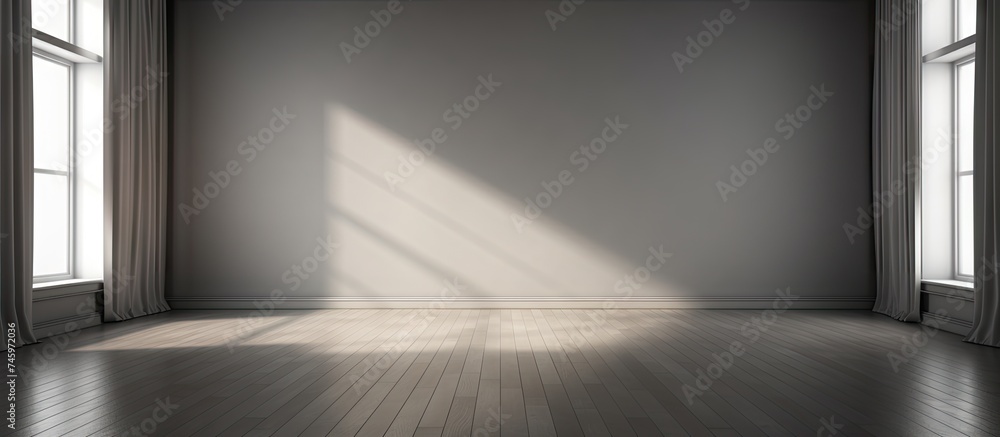 An empty room with a white wall and two windows is depicted in this ...