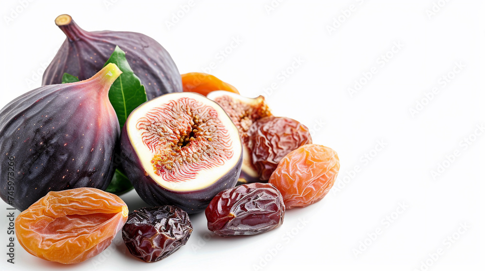Collage of different dried fruits. Dried apricots, raisins, figs ...