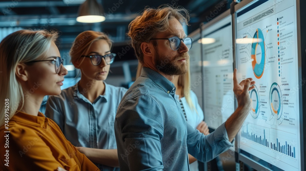 Three data professionals standing in front of a flip chart that shows a ...