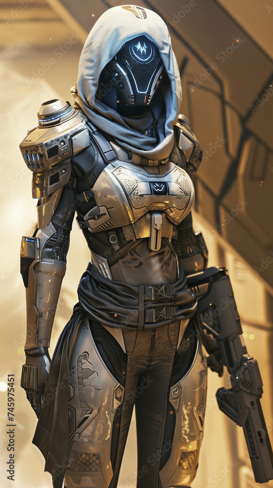 Portrait of a cloaked futuristic sci fi tactical mercenary soldier ...