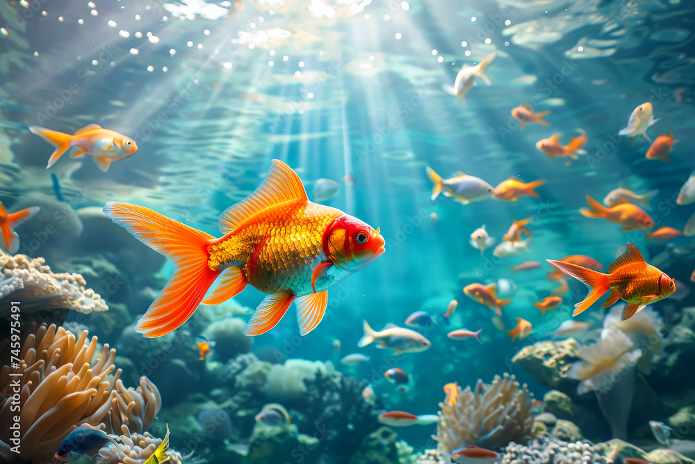 goldfish swimming. underwater world. marine life. fish and colorful ...