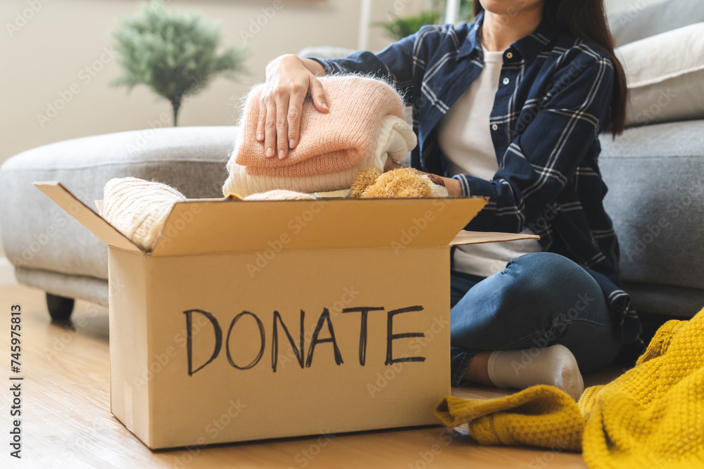 Recycling, Donation for poor, asian young woman, girl sitting pack ...