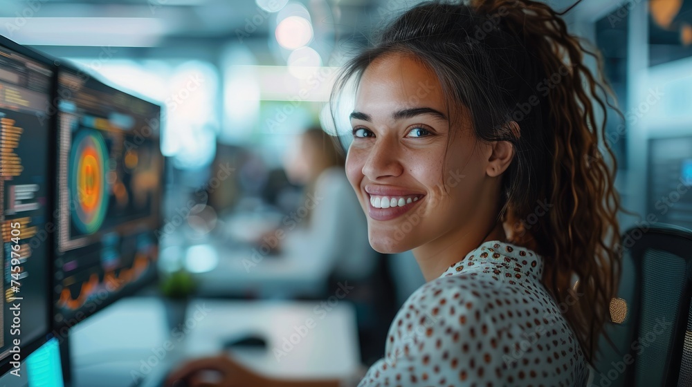 Female software developer smiling at her desk with dual monitors at ...