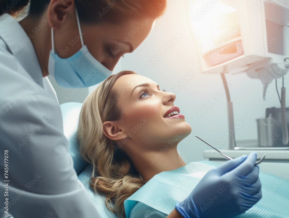 Female having routine dental checkup at dentist, over the shoulder view ...