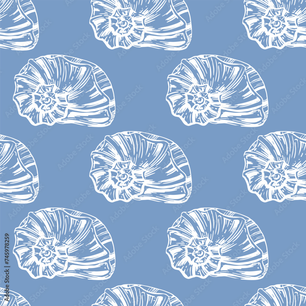 Seamless pattern of shells of underwater inhabitants. Marine background ...
