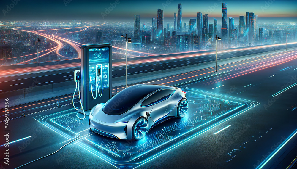Futuristic electric car charging at a high-tech station on a smart ...