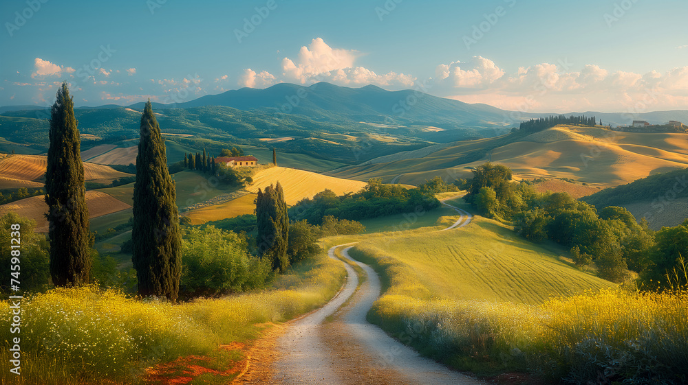 Road winding through the hills in the Tuscan countryside, valley ...