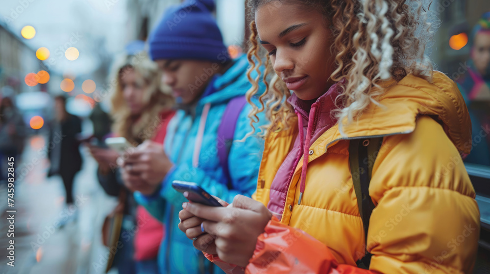 Cell phone addiction concept. Many teens hold smart device. Social ...