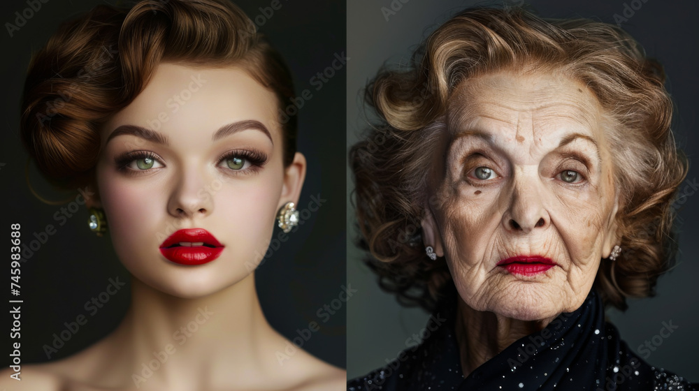 Portrait comparing a young female face with an old one on a dark ...