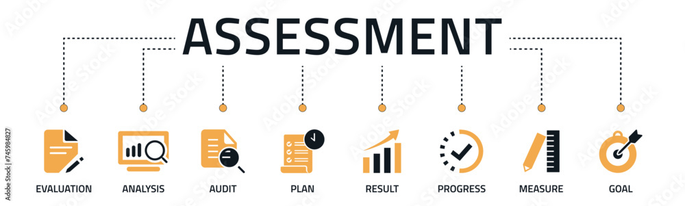 Assessment banner web icon for accreditation and evaluation method on business and education ...