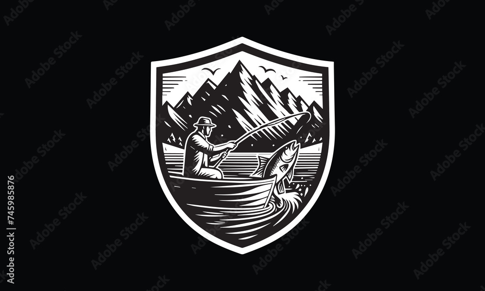 shield with man fishing logo design, fish logo, mountain, river, water ...