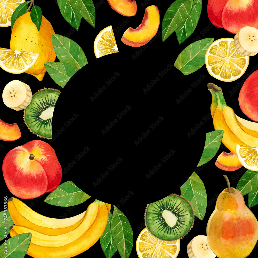 Round frame of fruits on a black background. Fruits pear, lemon, kiwi ...